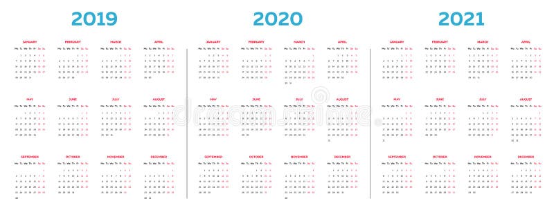 The 2019 2020 2021 Calendar Template with Classical Monthly Columns ...