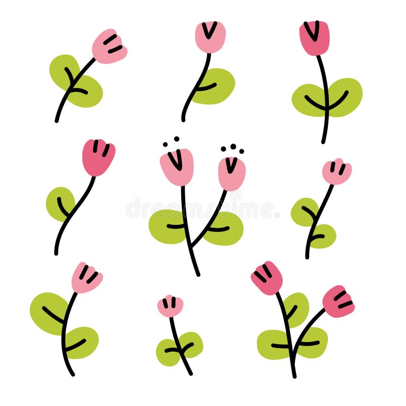 Simple Tiny Tulip Flowers in Doodle Style. Flat Vector Illustration ...