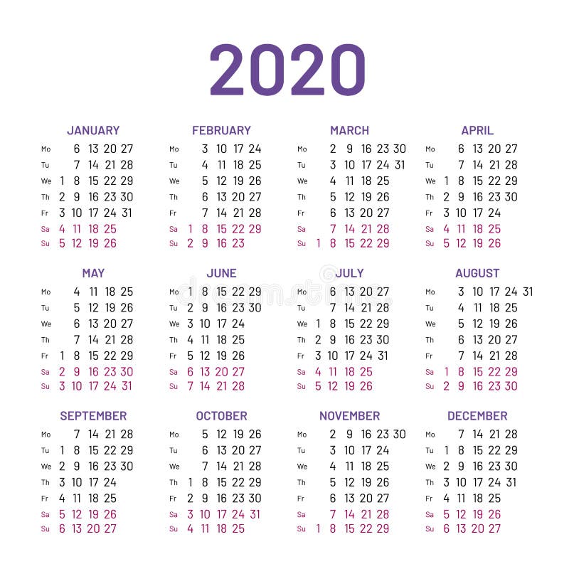 Simple Traditional Calendar Layout for 2020 Year Stock Vector ...