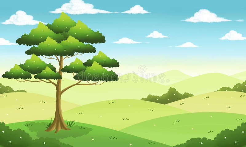 Simple Tree in the Green Hills Stock Illustration - Illustration of ...