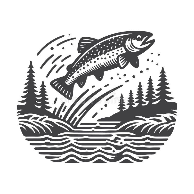 Trout Leaping Upstream Vector Icon Vintage Retro Logo Illustration ...