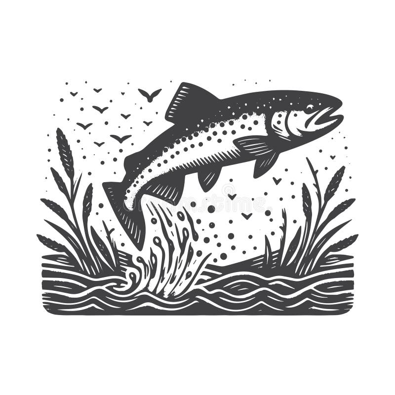 Trout Leaping Upstream Vintage Retro Vector Icon Logo Illustration ...