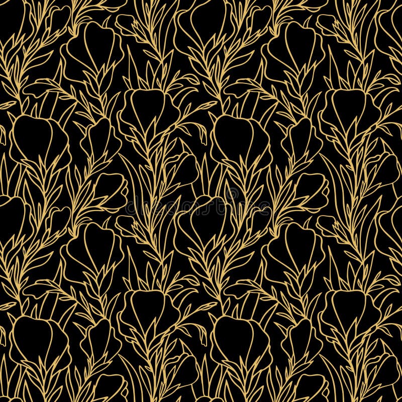 Simple Two-tone Seamless Pattern of Golden Large Contours of Flowers on ...