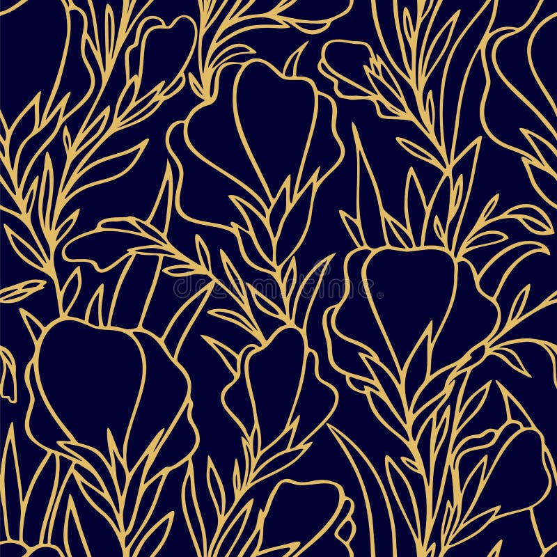 Simple Two-tone Seamless Pattern of Golden Large Contours of Flowers on ...
