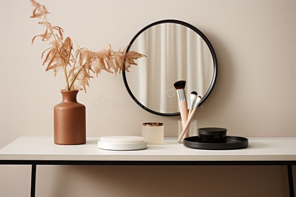 A Simple Vanity with a Round Mirror and Minimal Makeup Items Stock ...