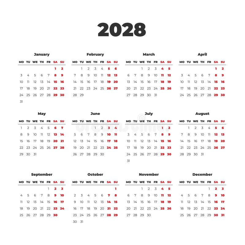 Simple Vector Calendar on 2028. Start from Monday Stock Vector ...
