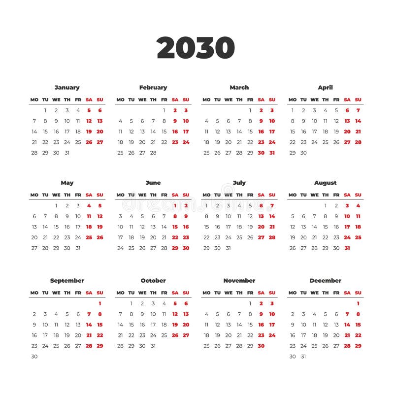 Simple Vector Calendar on 2030. Start from Monday Stock Vector ... Simple Vector Calendar on 2030. Start from Monday Stock Vector ...