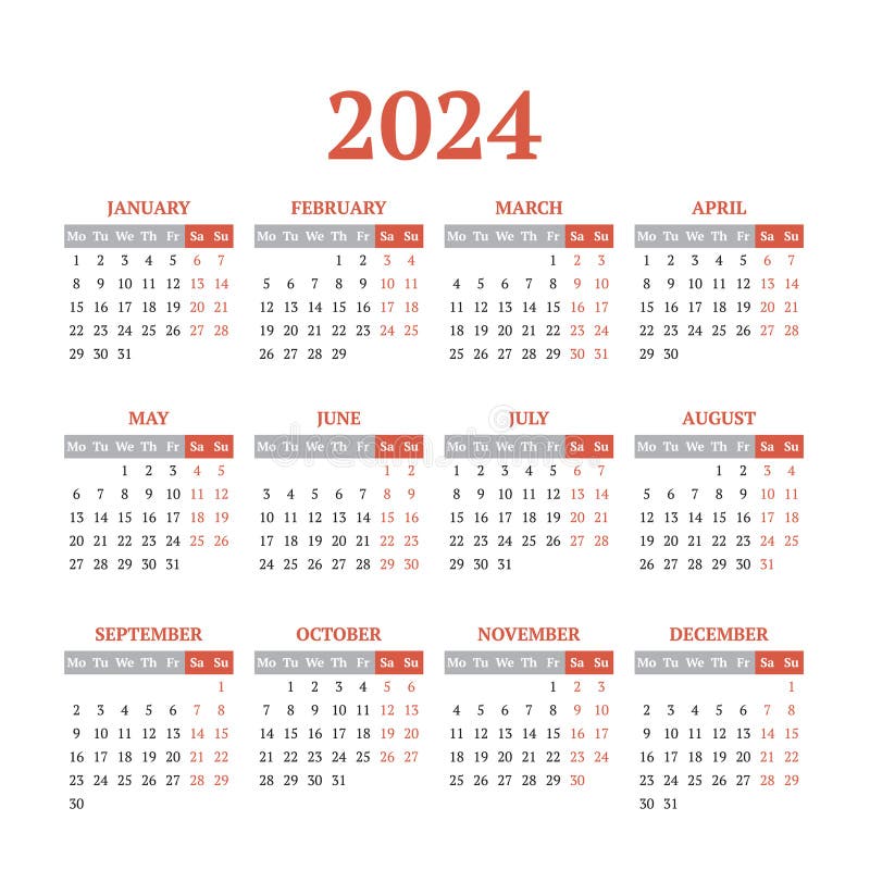 Simple Vector Calendar on 2024. Start from Monday Stock Vector ...