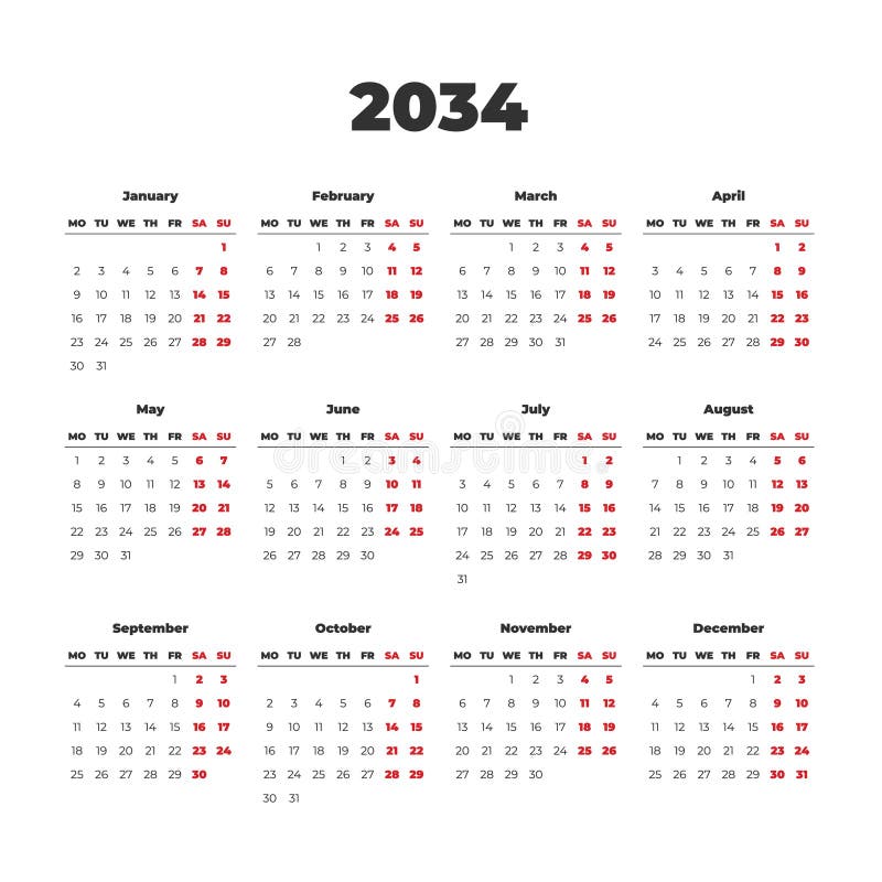 Simple Vector Calendar on 2034. Start from Monday Stock Vector ...