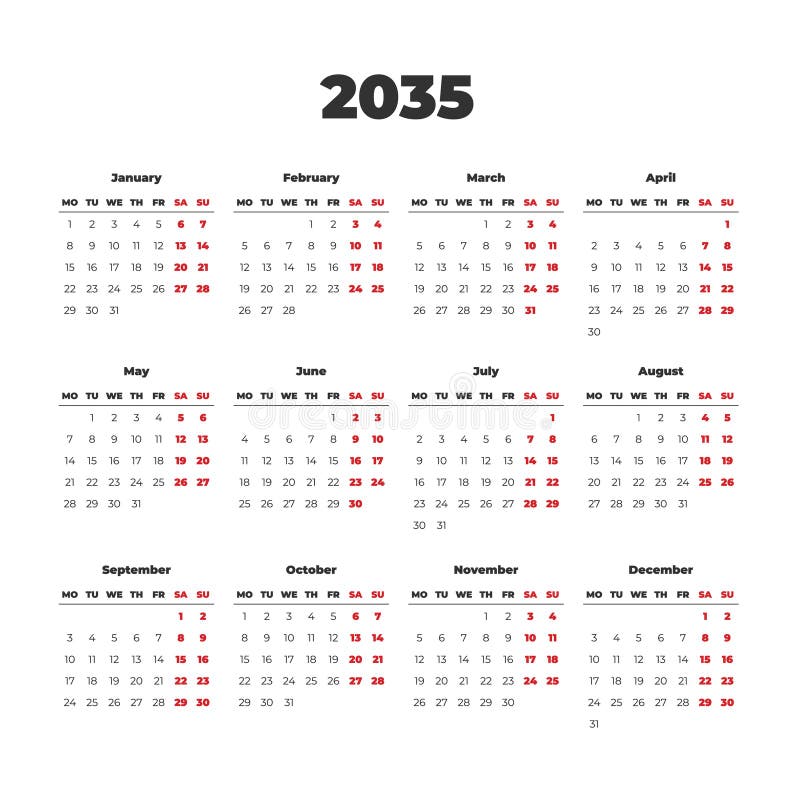 Simple Vector Calendar on 2035. Start from Monday Stock Vector ...