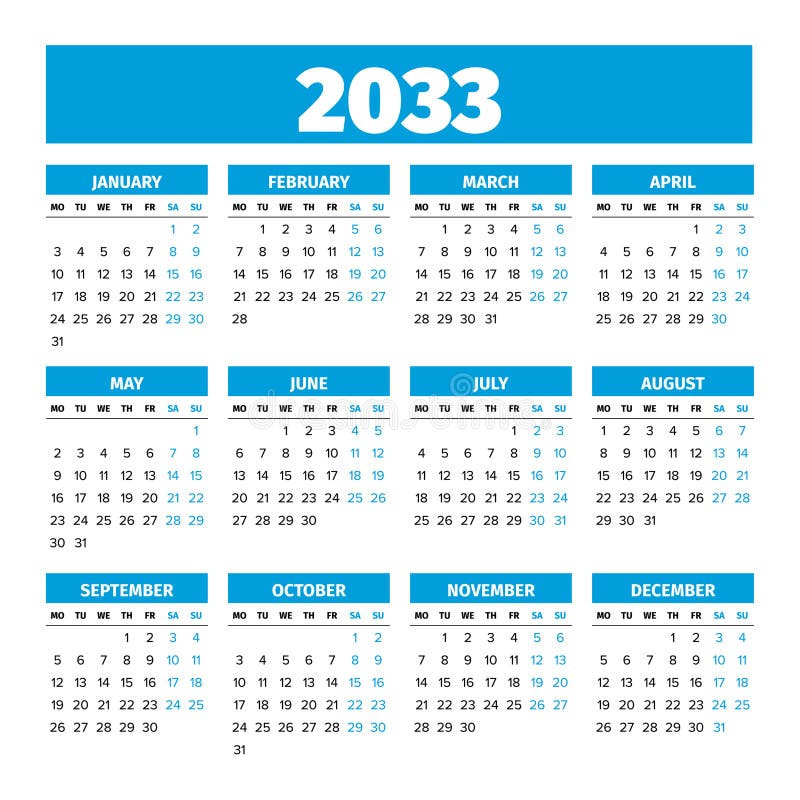 Simple Vector Calendar on 2033. Start from Monday Stock Illustration ...