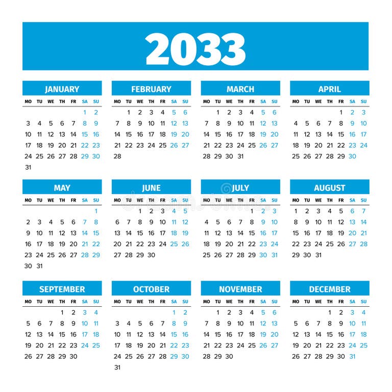 Simple Vector Calendar on 2033. Start from Monday Stock Illustration ...