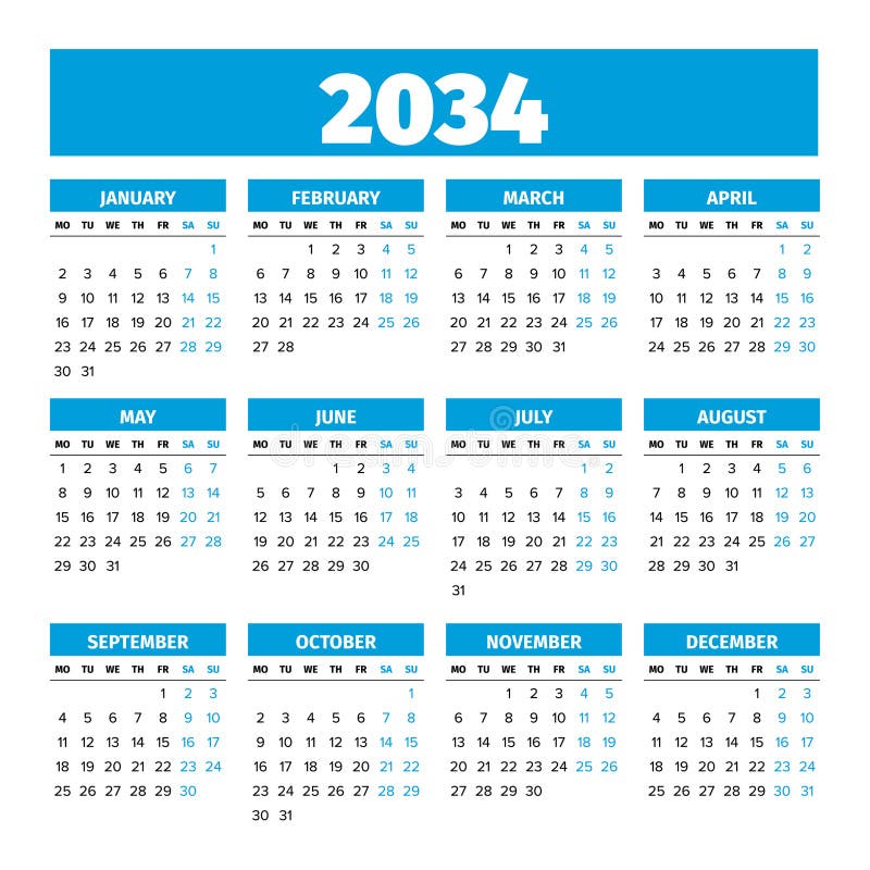 Simple Vector Calendar on 2034. Start from Monday Stock Vector ...