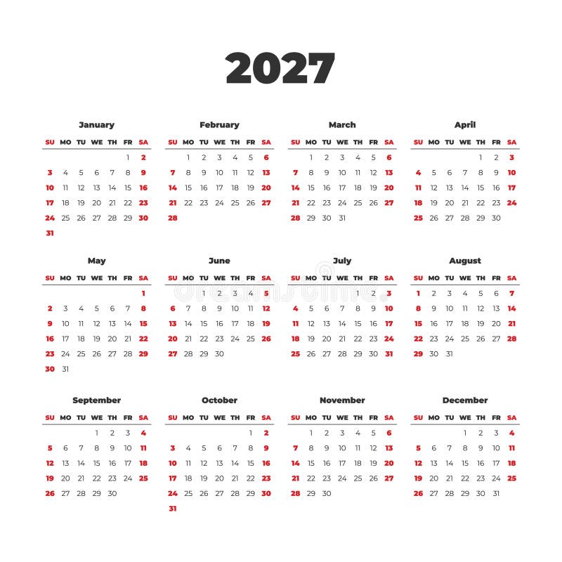 Simple Vector Calendar on 2027. Start from Sunday Stock Vector ...