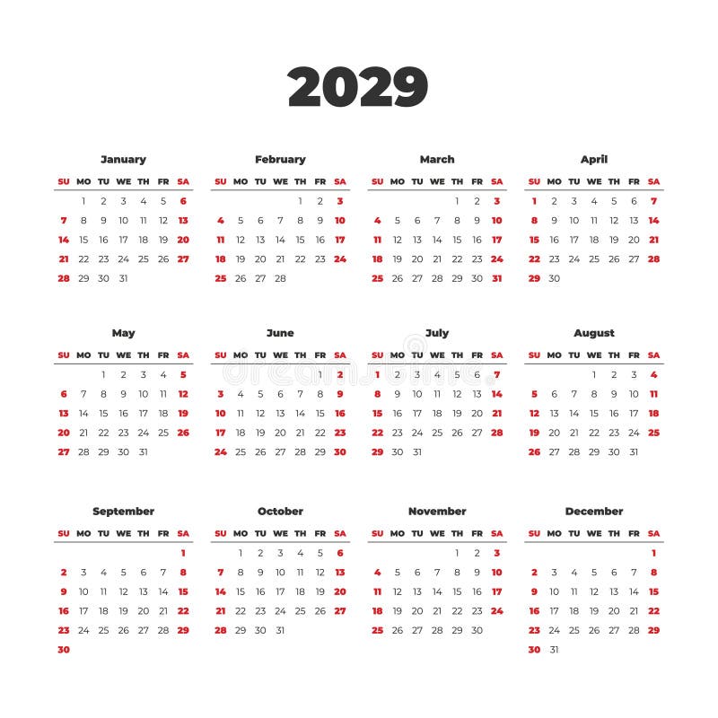 Simple Vector Calendar on 2029. Start from Sunday Stock Vector ... Simple Vector Calendar on 2029. Start from Sunday Stock Vector ...