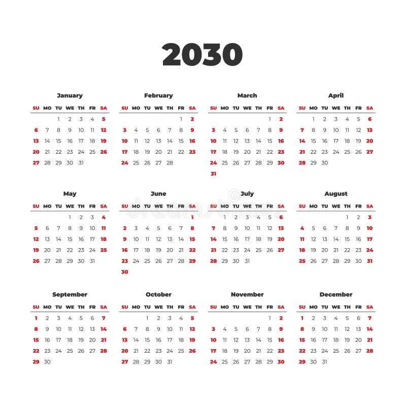 2030 Simple Calendar. Calendar Grid Stock Illustration - Illustration ...