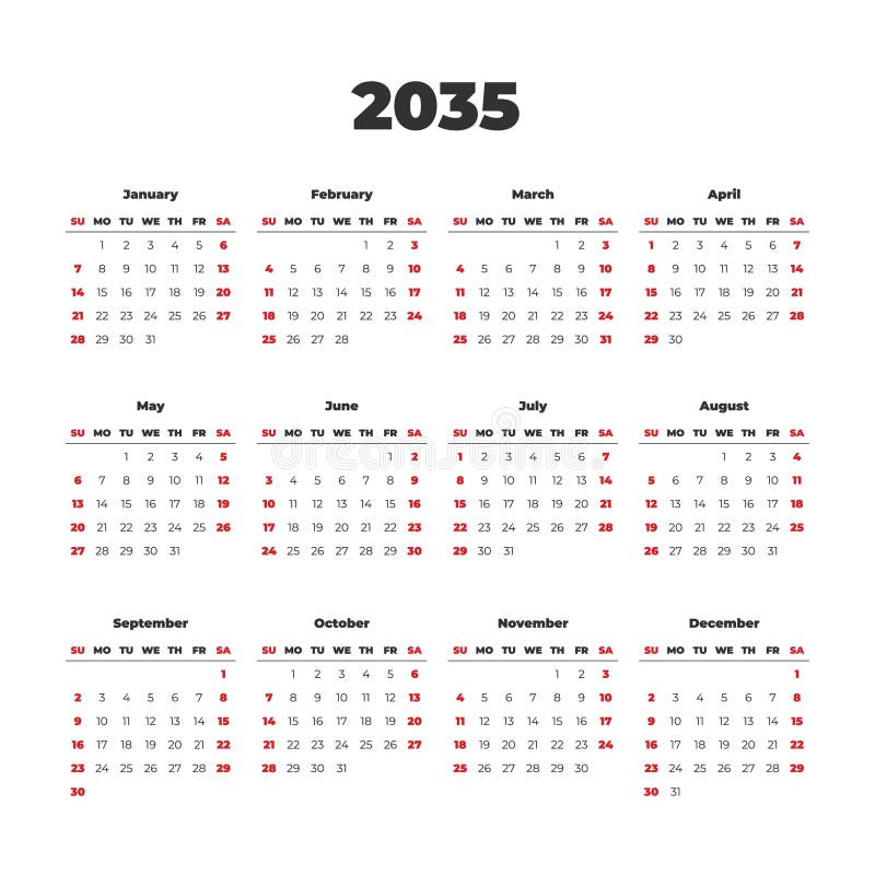 Simple Vector Calendar on 2035. Start from Sunday Stock Vector ...