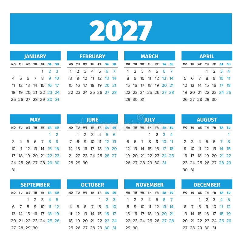 2027 Simple Vector Calendar. Weeks Start on Monday Stock Illustration ...