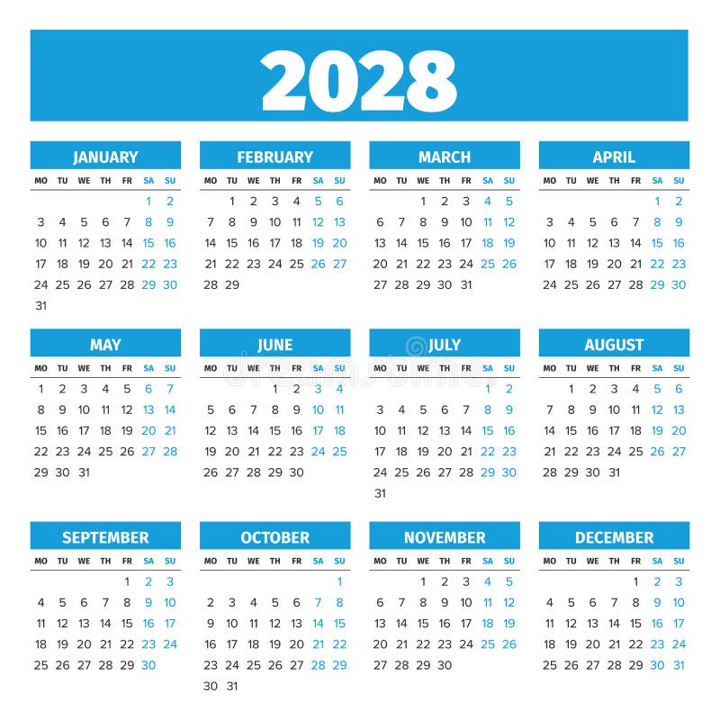 2028 Simple Vector Calendar. Weeks Start on Monday Stock Vector ...