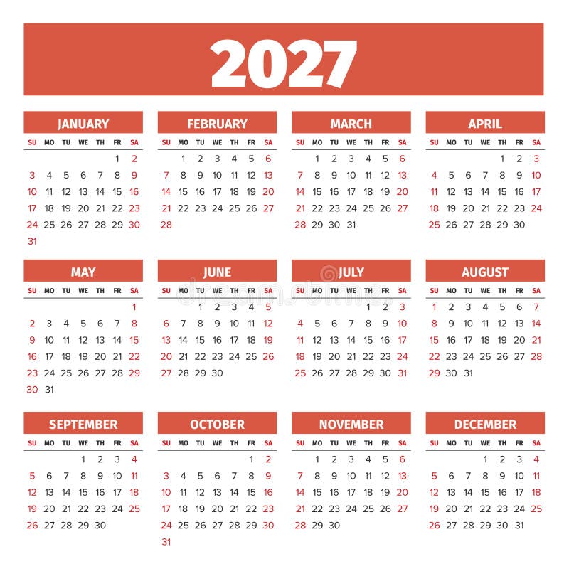 2027 Simple Horizontal Pocket Calendar Grid Template Isolated on White ...