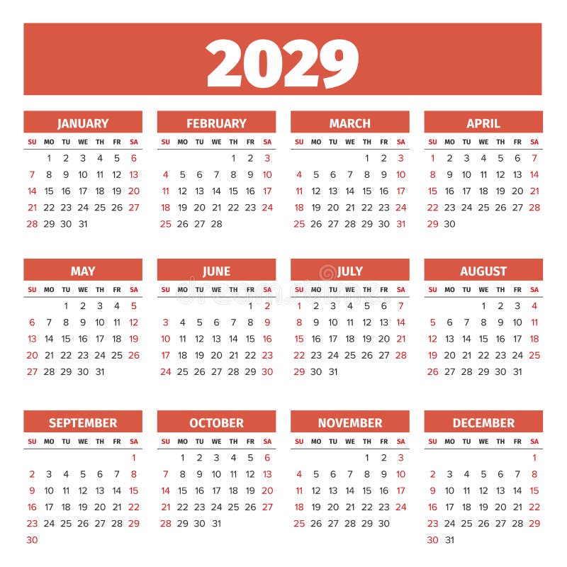 2029 Simple Vector Calendar. Weeks Start on Sunday Stock Vector ... 2029 Simple Vector Calendar. Weeks Start on Sunday Stock Vector ...