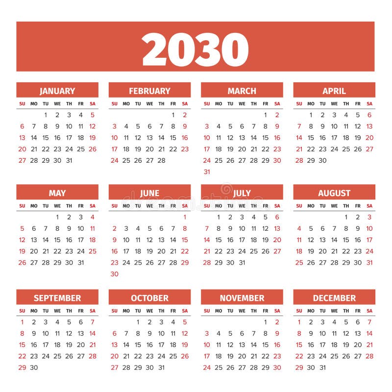2030 Simple Vector Calendar. Weeks Start on Sunday Stock Vector ... 2030 Simple Vector Calendar. Weeks Start on Sunday Stock Vector ...
