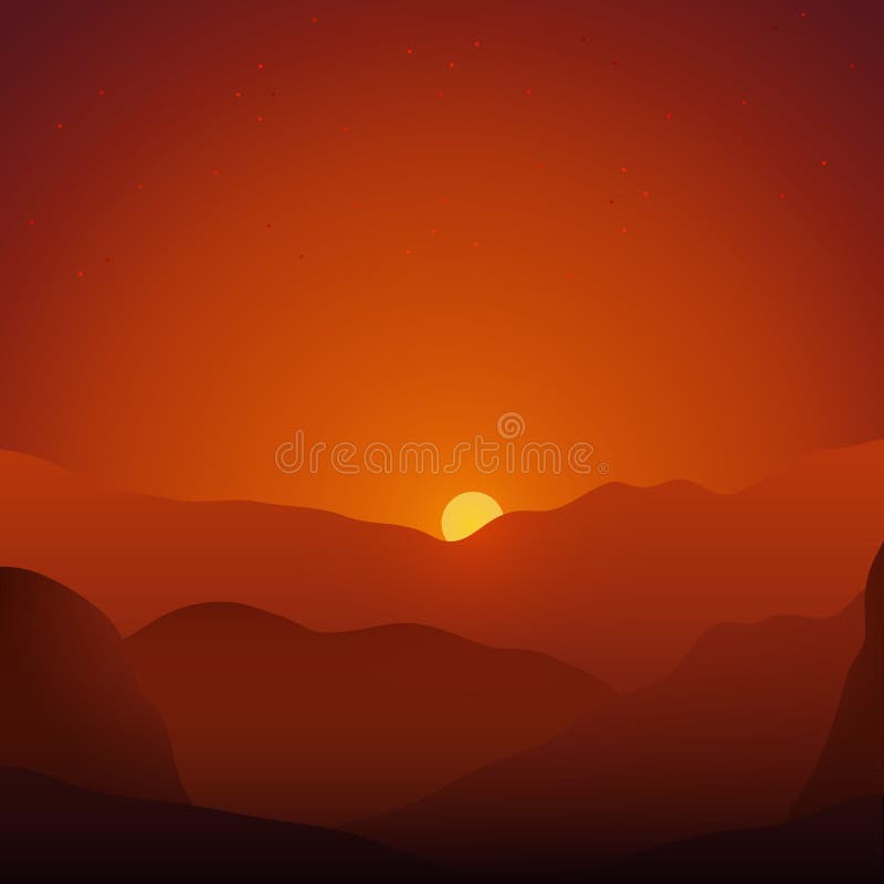 Simple Vector Design of Sunset Landscape in Orange Tones Stock ...
