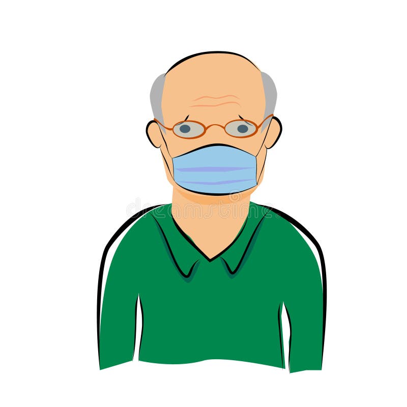 Simple Vector, Hand Draw Sketch, Sick Old Man Using Mask, Isolated on ...