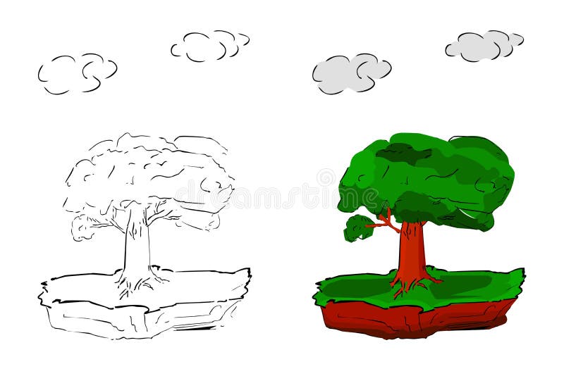 Simple Vector Hand Draw Sketch, Tree at Flying or Floating Island Stock ...