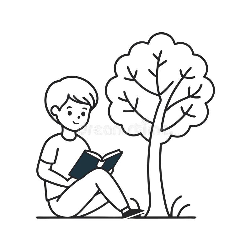 Boy Reading Under a Tree: Vector Illustration for Education and ...