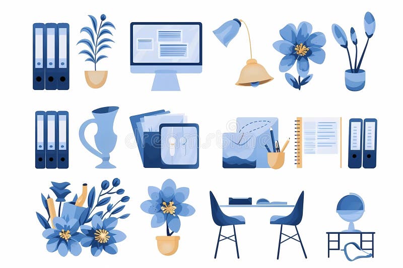 Office Workspace Elements Icons Set in Simple Vector Illustration with ...