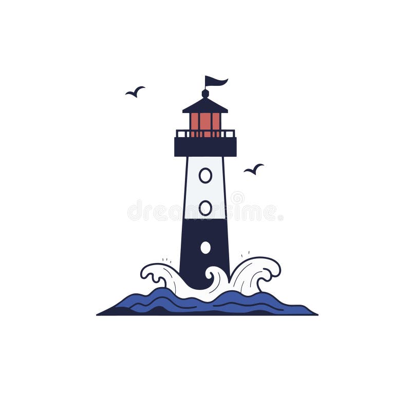 Simple Vector of Lighthouse with Waves Crashing at Its Base Stock ...