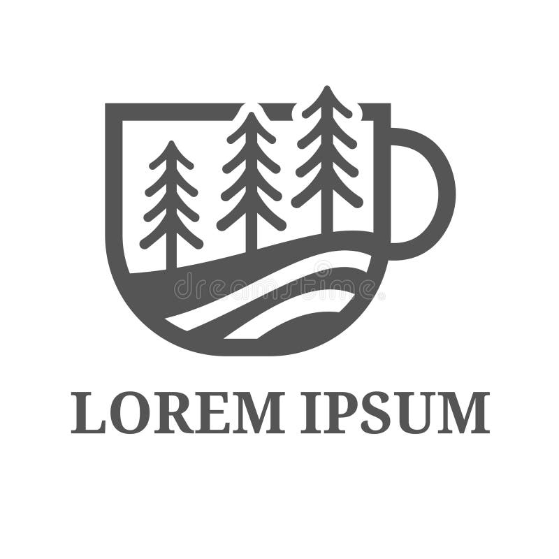 Simple Vector Logo Illustration of Pine Tree and Curved River Flow Inside Coffee Cup Silhouette ...