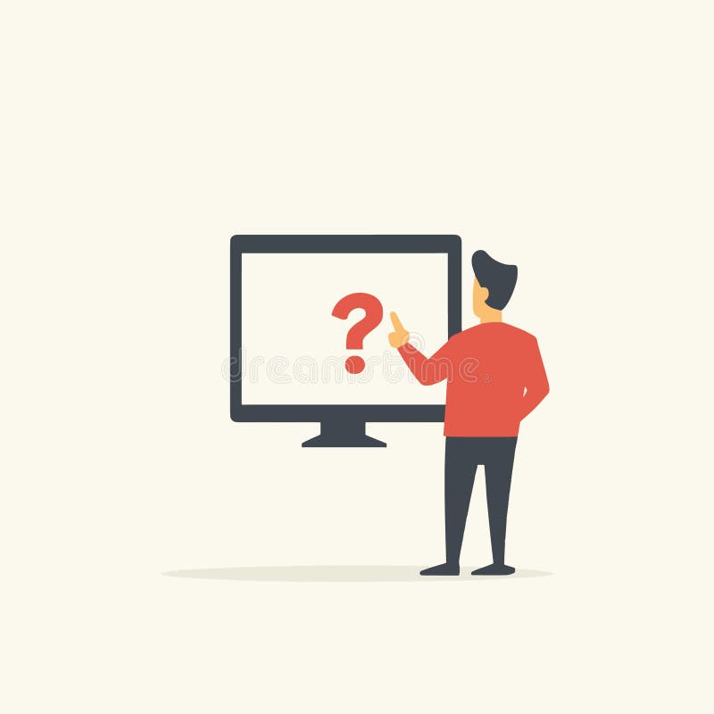 Simple Vector of Man Pointing To a Question Mark on a Screen Stock ...
