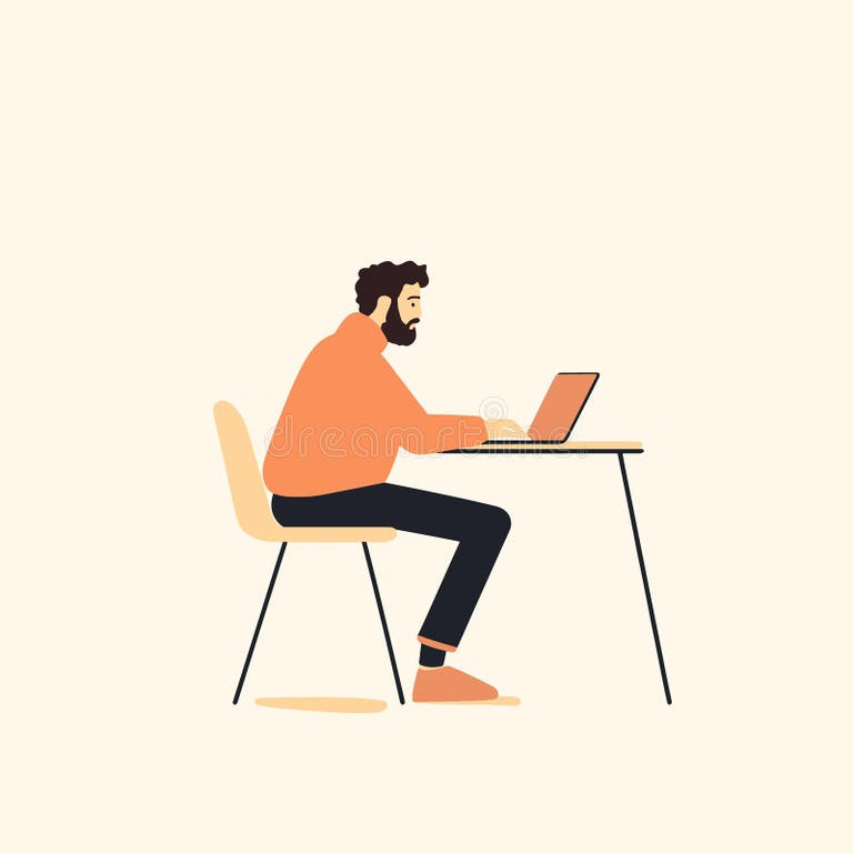 Simple Vector of Man Sitting at a Desk Laptop Open Pondering Stock ...