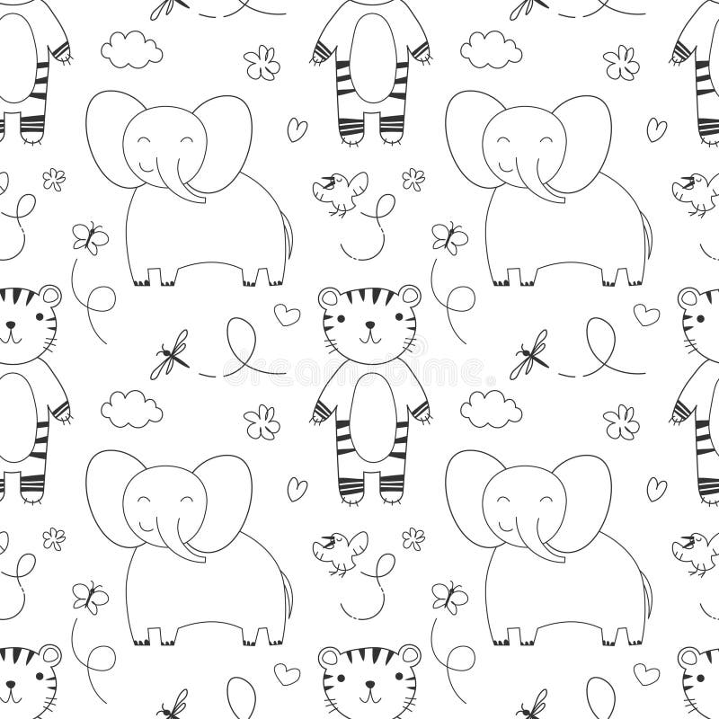 Simple Vector Pattern with African Animals, Elephant and Tiger, Bird ...