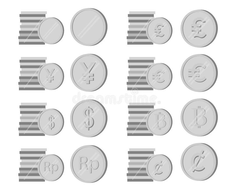 Simple Vector Set 8 Stack Silver or Chrome Coin, Isolated on White ...