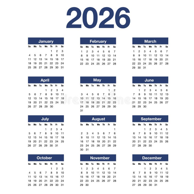 Simple Vertical Calendar for 2026 Starts on Sunday Stock Illustration ...