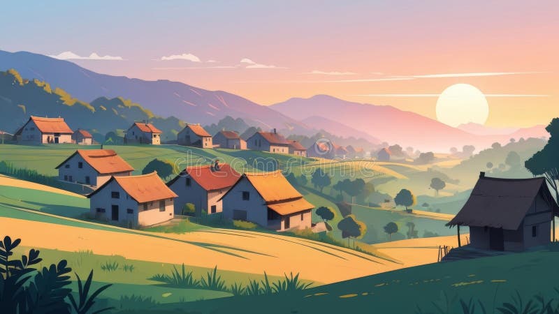 Simple Village View with Dawn in the Background, Ai Generated Stock ...