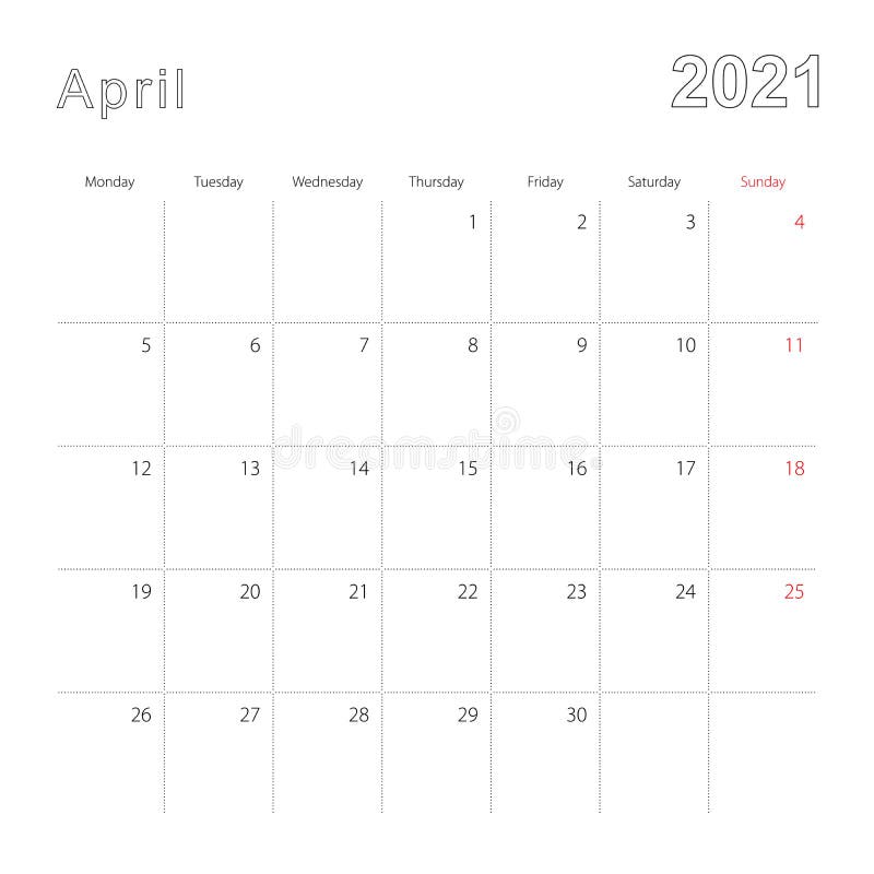 Simple Wall Calendar for April 2021 with Dotted Lines. the Calendar is ...