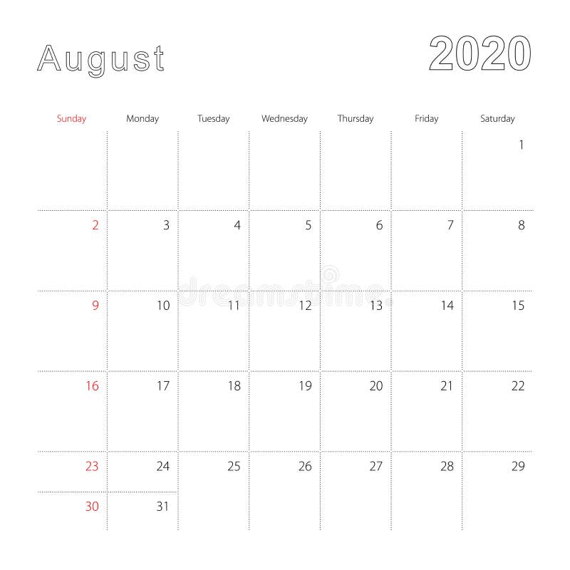 August 2020 Simple Calendar Planner, Week Starts from Monday Stock ...