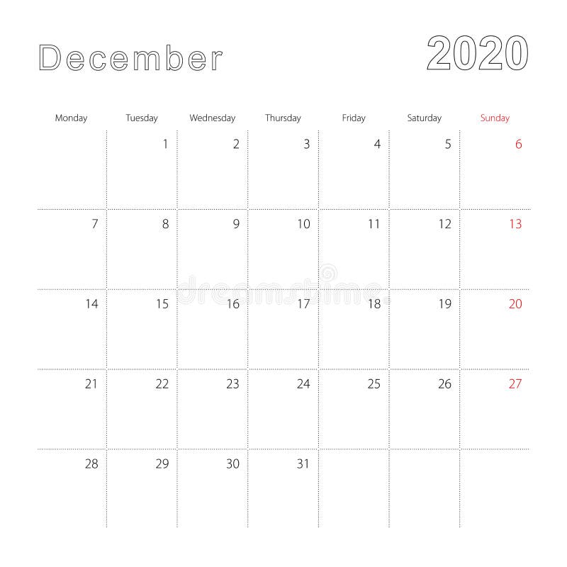 December 2020 Colorful Wall Calendar, Week Starts on Sunday Stock ...