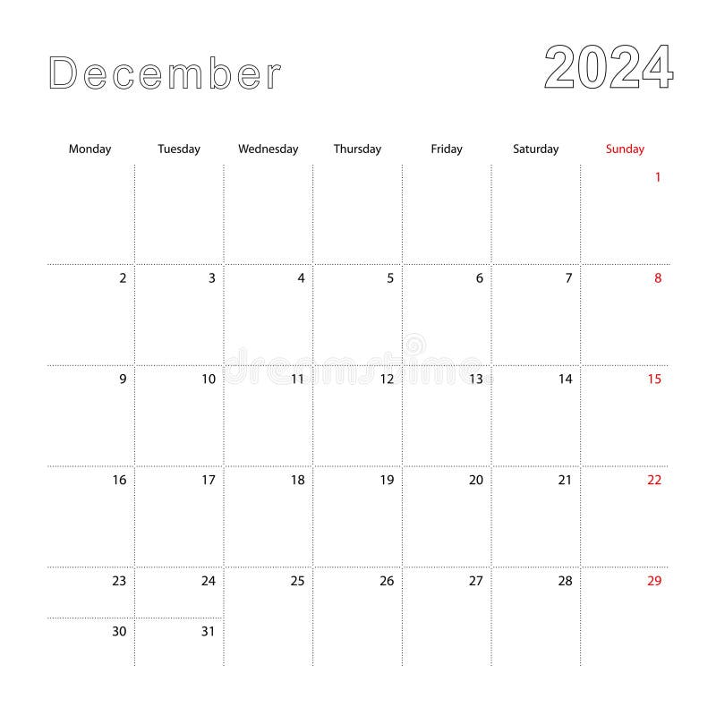 Simple Wall Calendar for December 2024 with Dotted Lines. the Calendar ...