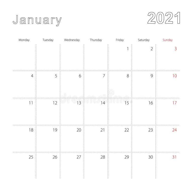 Simple Wall Calendar for January 2021 with Dotted Lines. the Calendar ...
