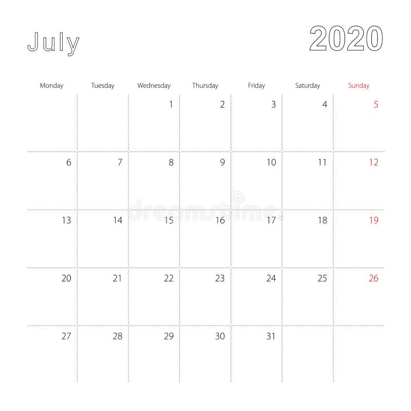 Simple Wall Calendar for July 2020 with Dotted Lines. the Calendar is ...
