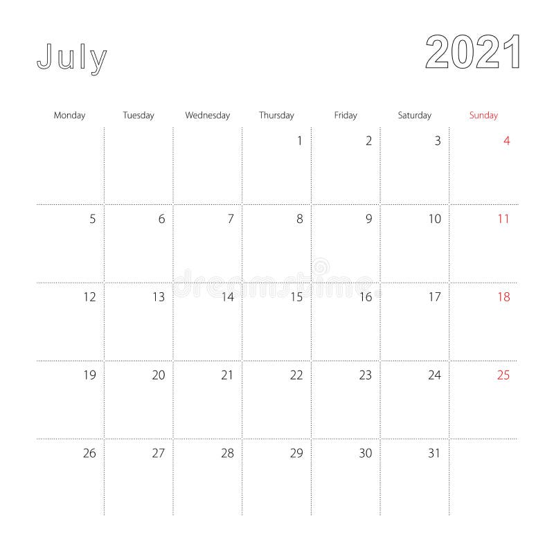 Simple Wall Calendar for July 2021 with Dotted Lines. the Calendar is ...