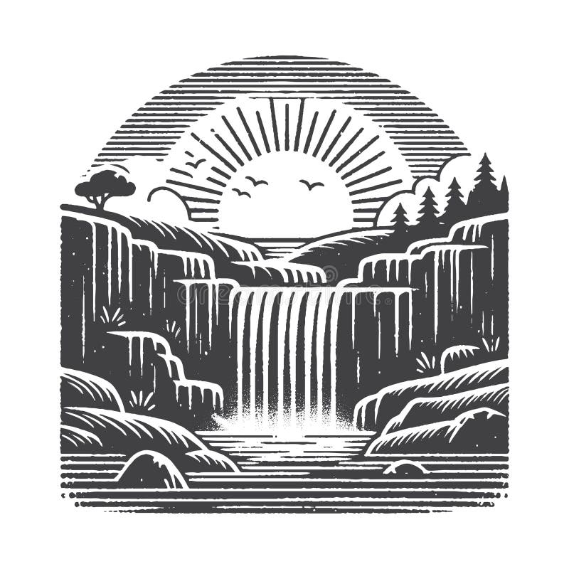 Simple Waterfall at Sunrise Vector Vintage Retro Logo Design. Stock ...