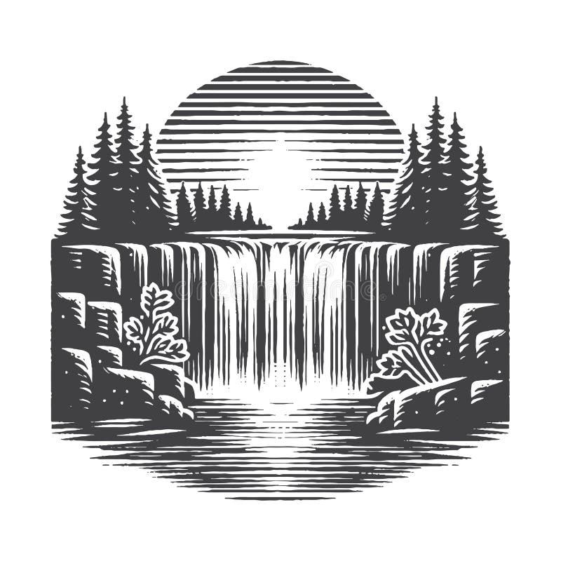 Simple Waterfall at Sunrise Vintage Retro Logo Vector Design. Stock ...