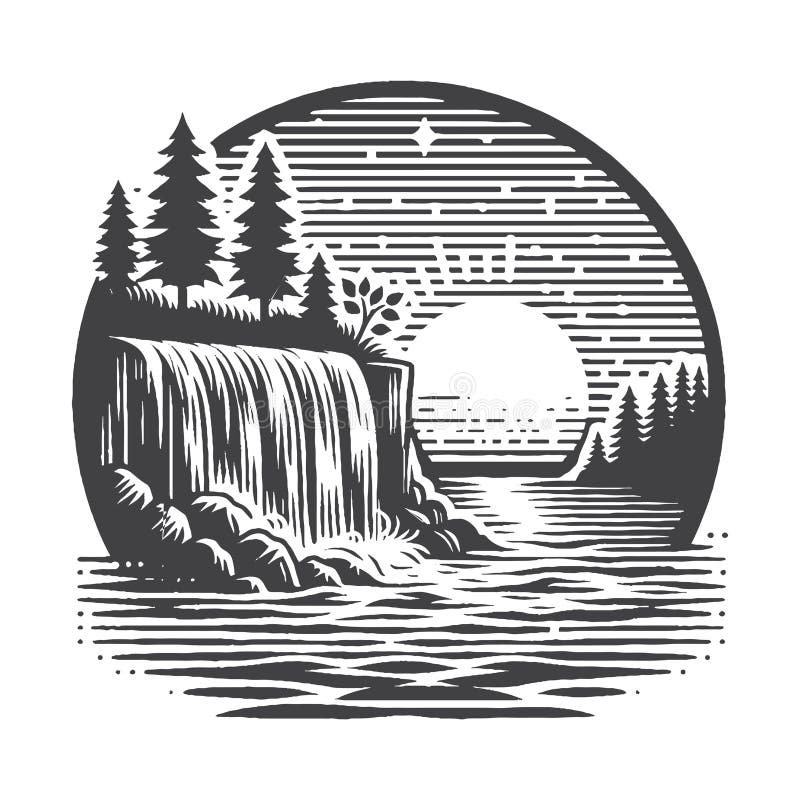 Simple Waterfall at Sunset Vintage Retro Logo Vector Design. Stock ...