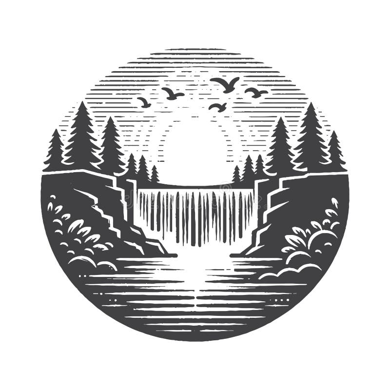Simple Waterfall at Sunset Vector Vintage Retro Logo Design. Stock ...